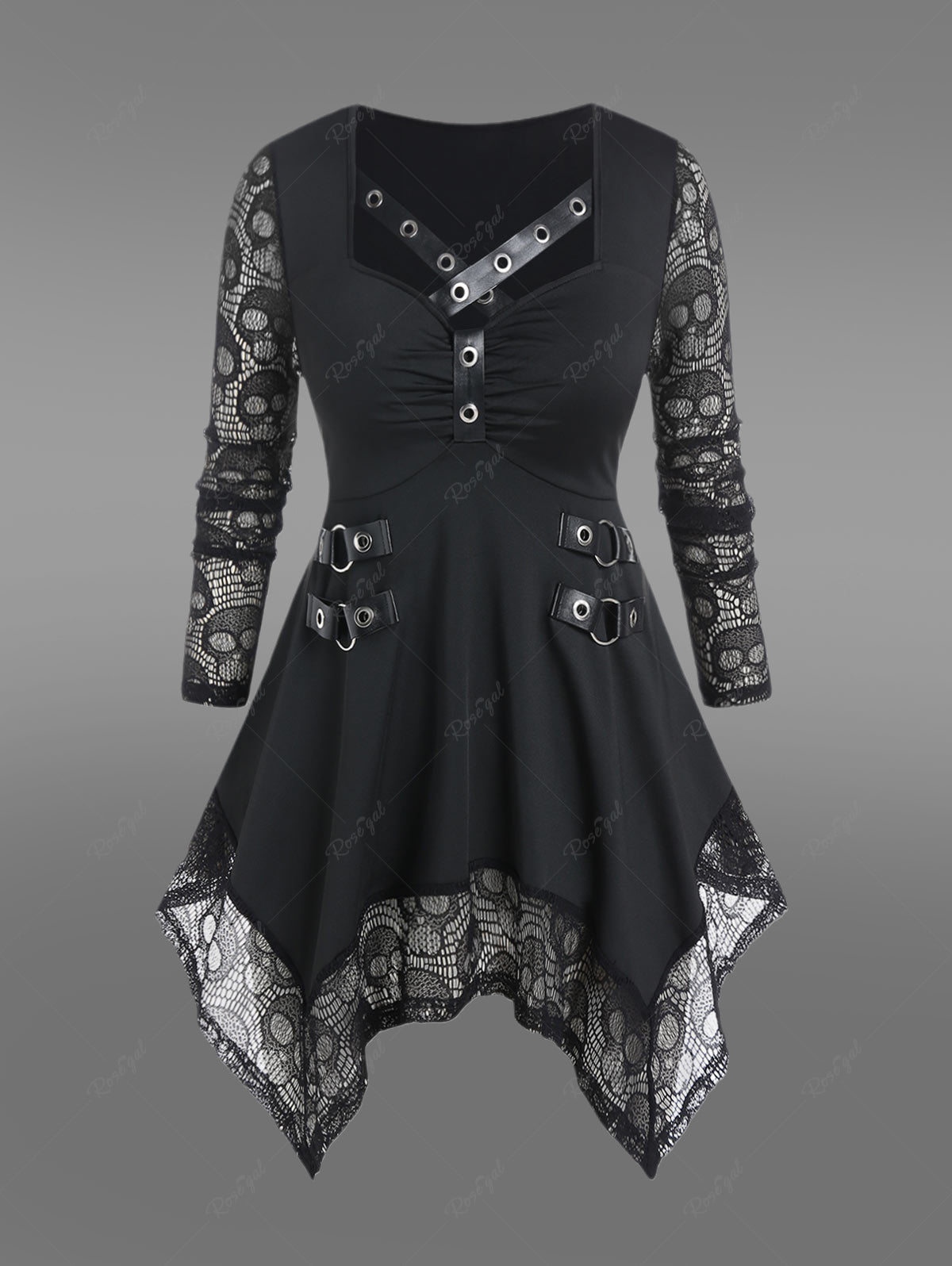 Gothic Skull Lace Panel Handkerchief Tee-Halloween – Rgothic