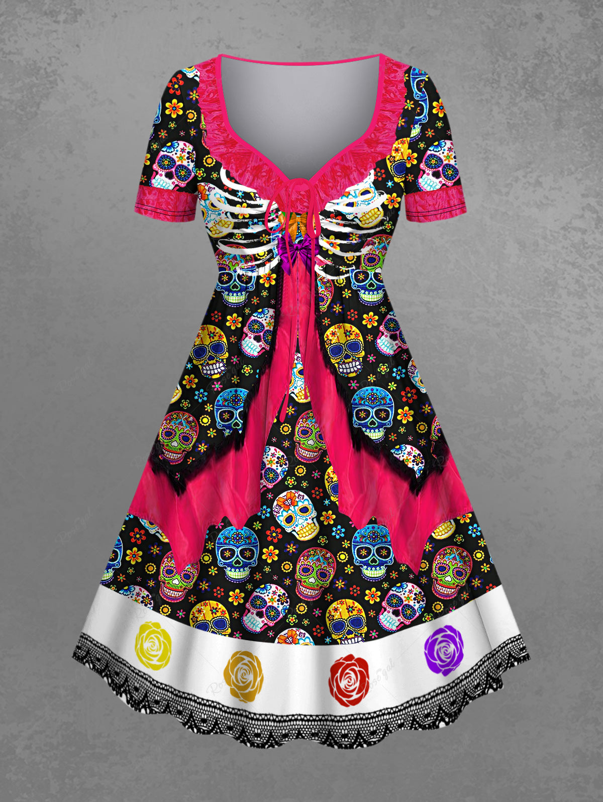 Gothic Halloween Costume Skulls Skeleton Flower Colorblock Print Cinch ...