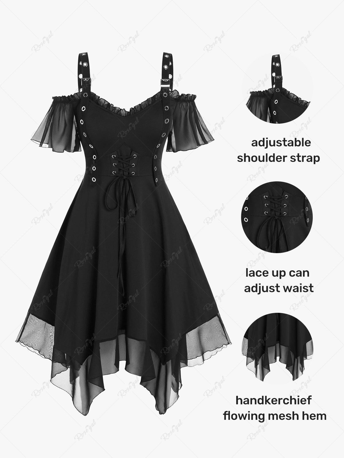 Gothic Grommet Lace Up Cold Shoulder Handkerchief Mini Dress – Rgothic