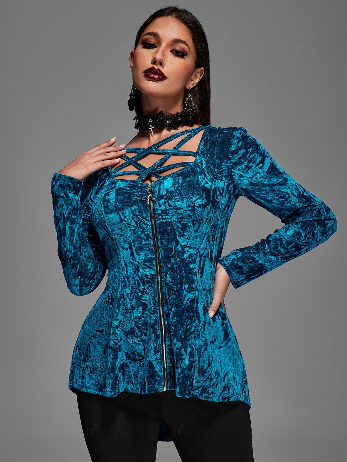 Gothic Crushed Velour Caged Strappy Cutout Zip Front High Low Top – Rgothic