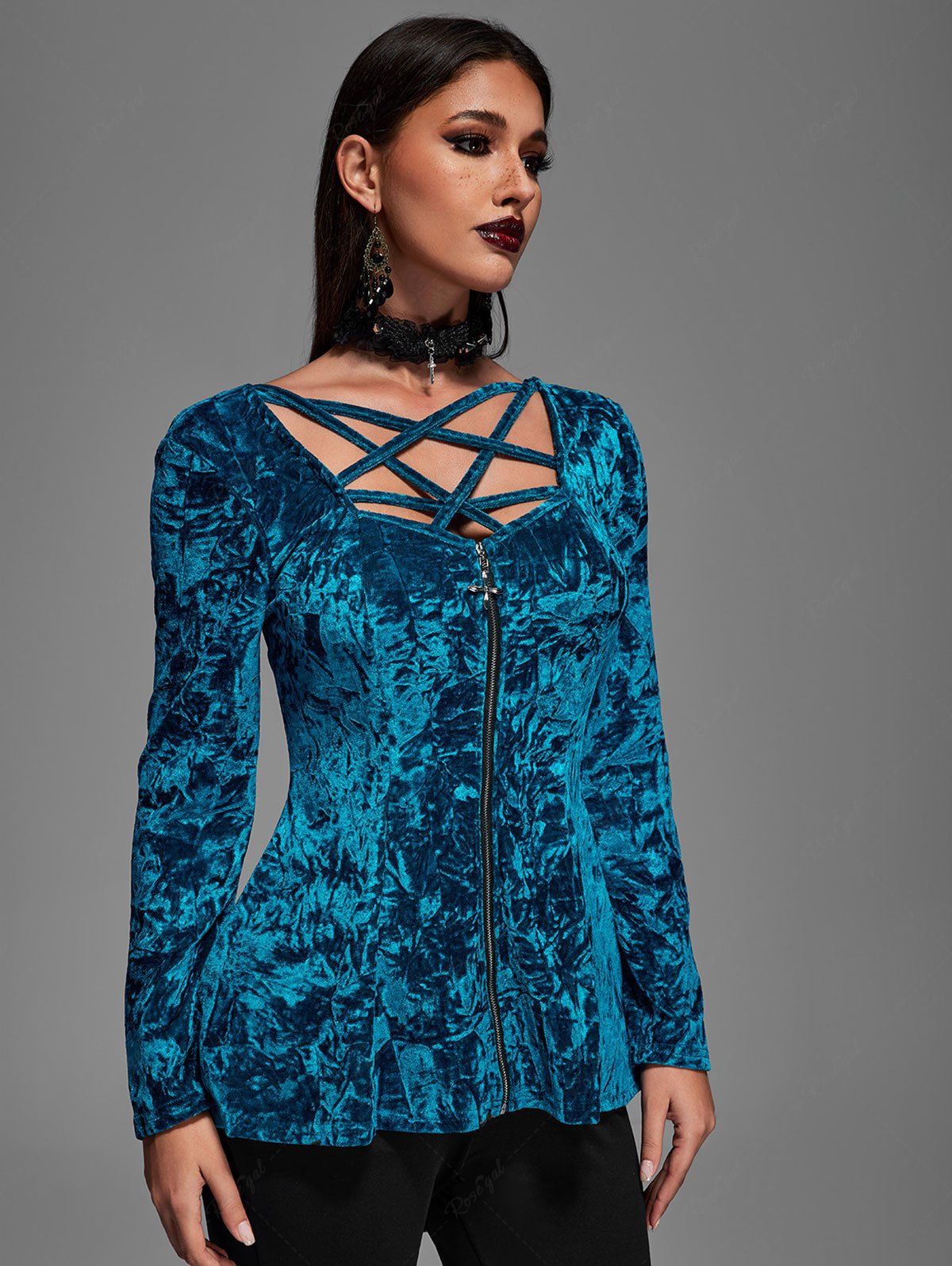 Gothic Crushed Velour Caged Strappy Cutout Zip Front High Low Top – Rgothic