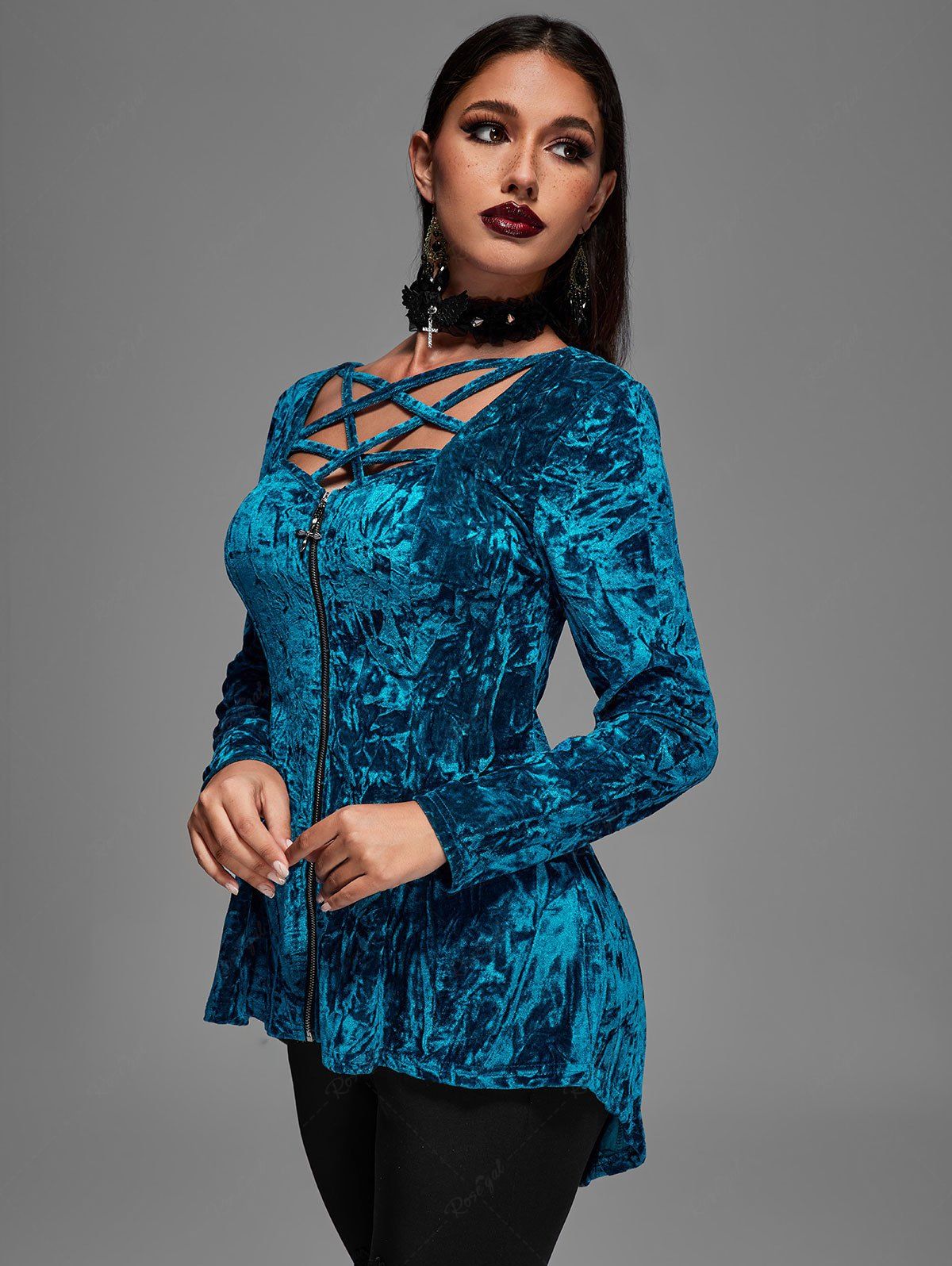 Gothic Crushed Velour Caged Strappy Cutout Zip Front High Low Top – Rgothic