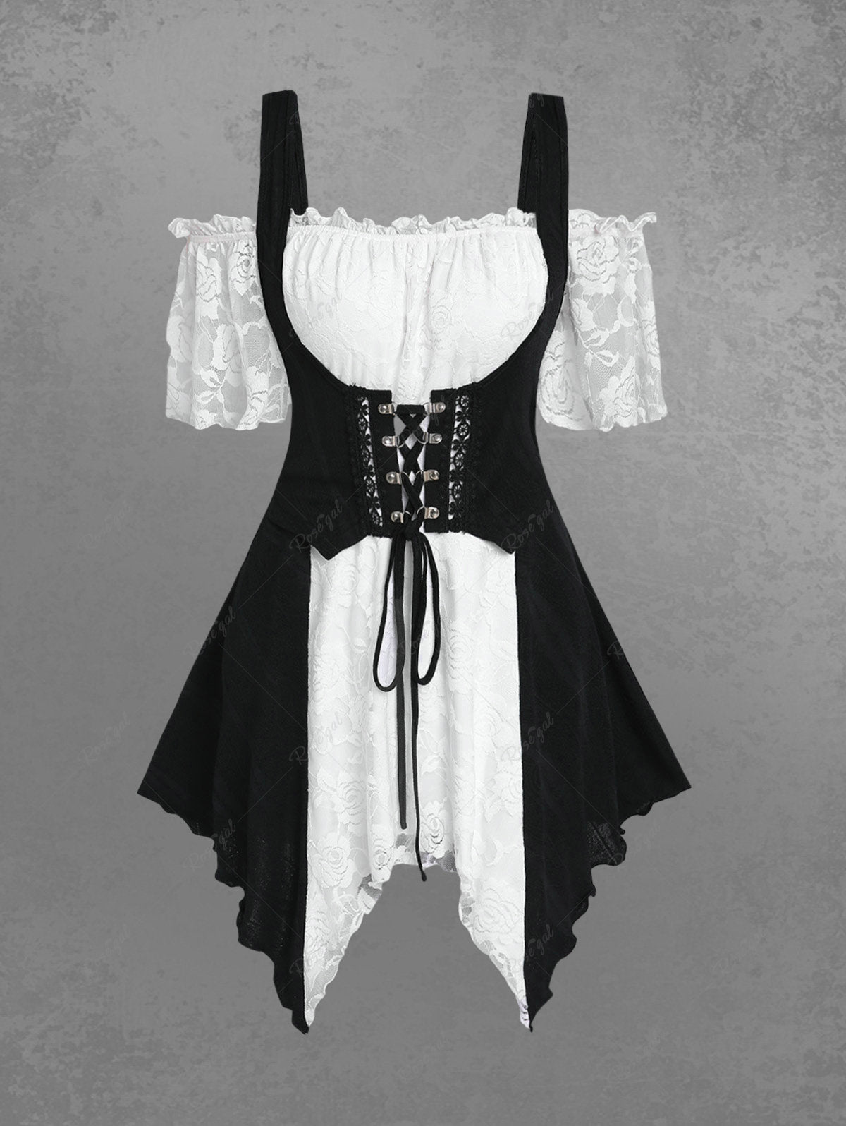 Gothic Medieval Renaissance Lace Panel Two Tone Lace-up Asymmetrical H ...