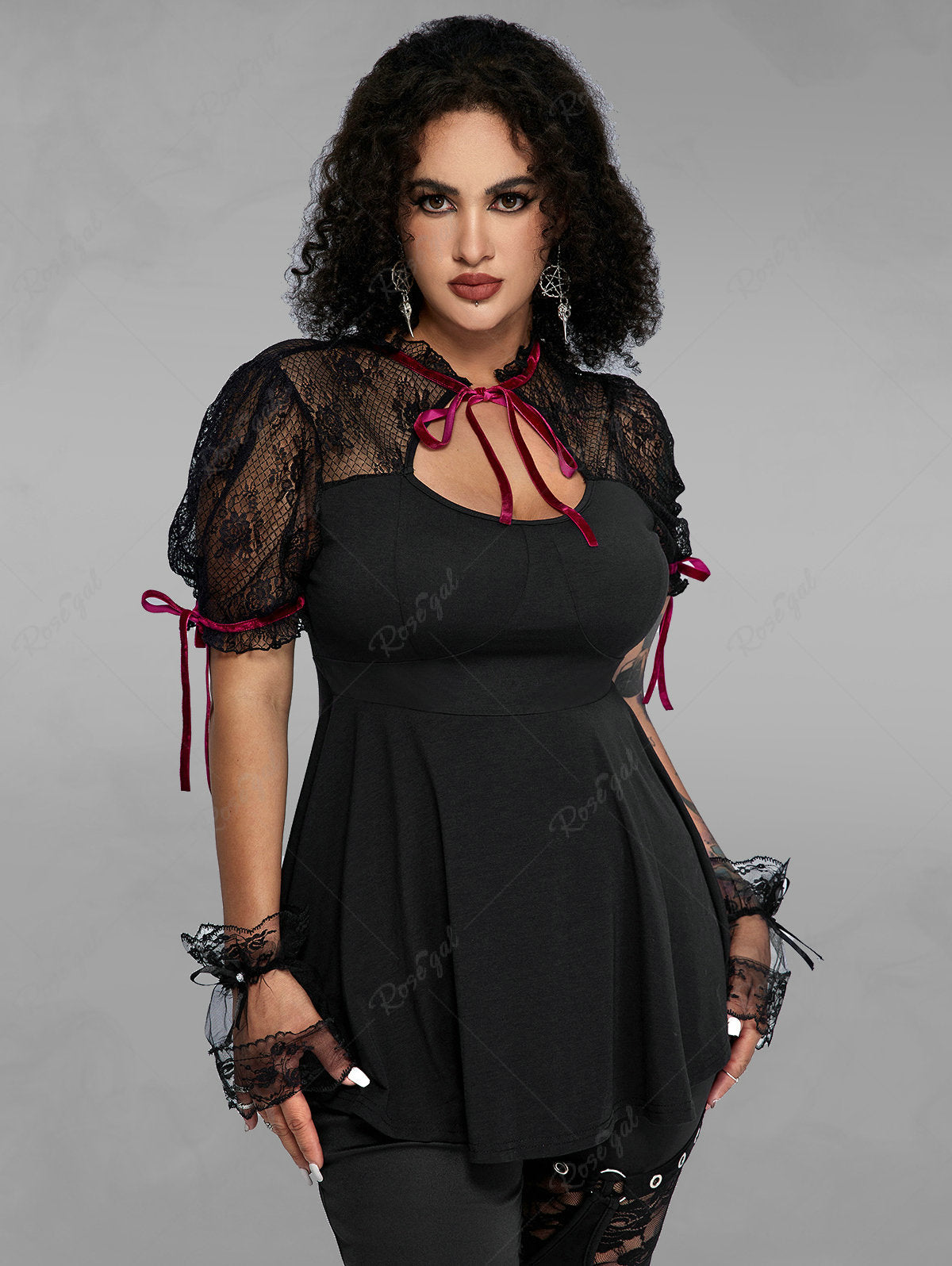 Victorian Goth Lace Panel Cutout Contrast Ribbons Top – Rgothic