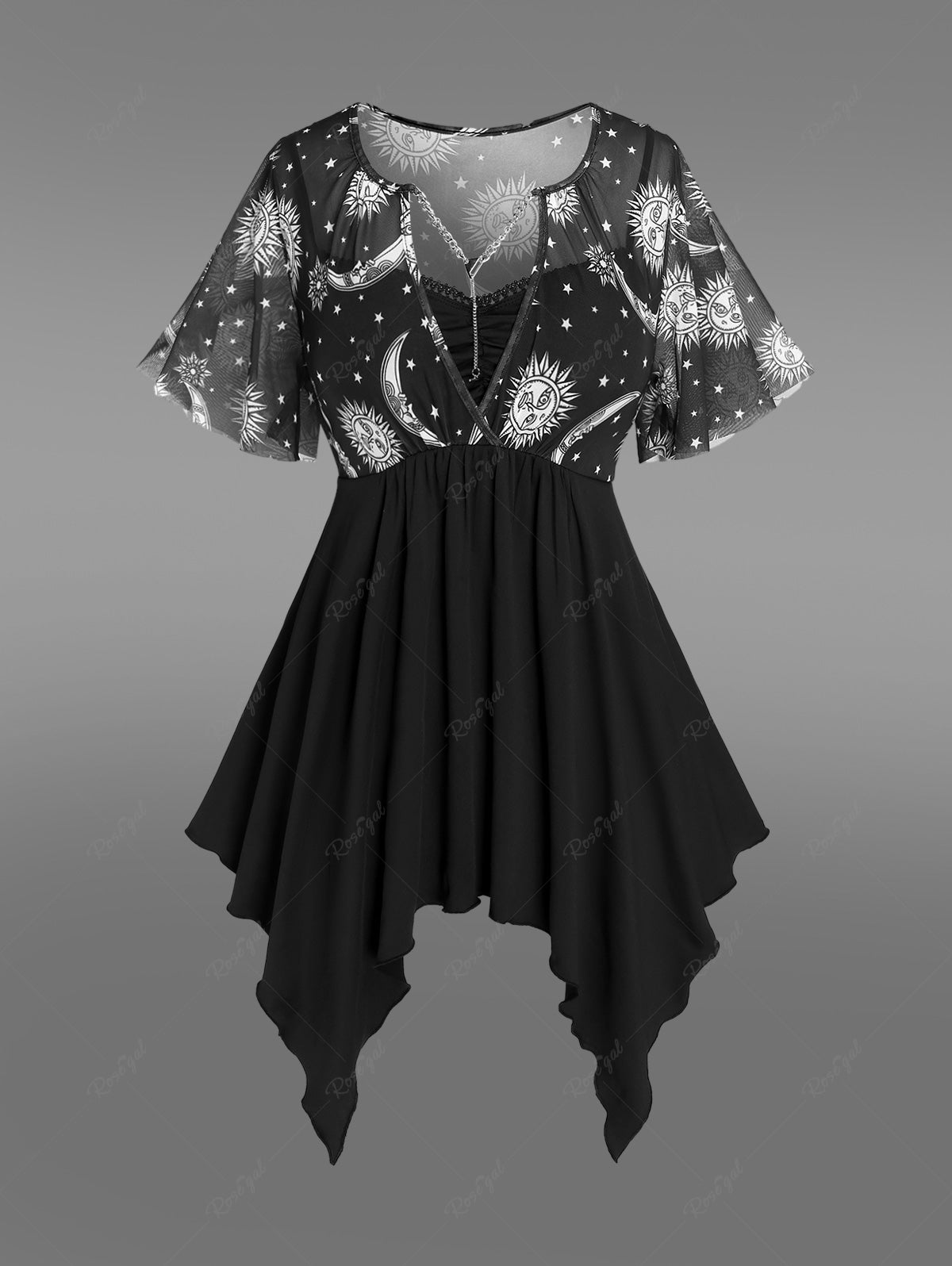 Gothic Sun Moon Printed Mesh Panel Handkerchief 2 in 1 Tee with Chain ...