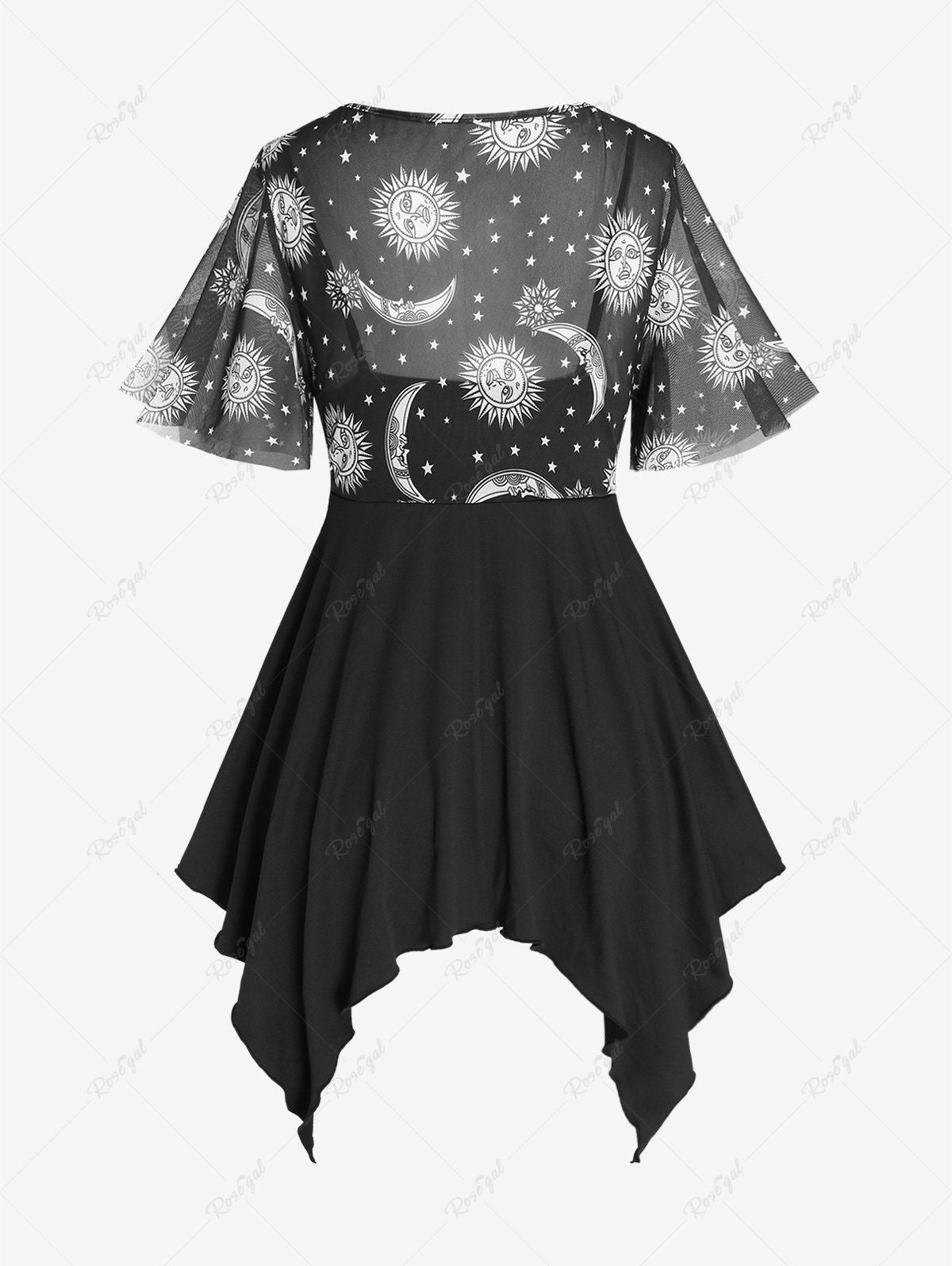 Gothic Sun Moon Printed Mesh Panel Handkerchief 2 in 1 Tee with Chain ...