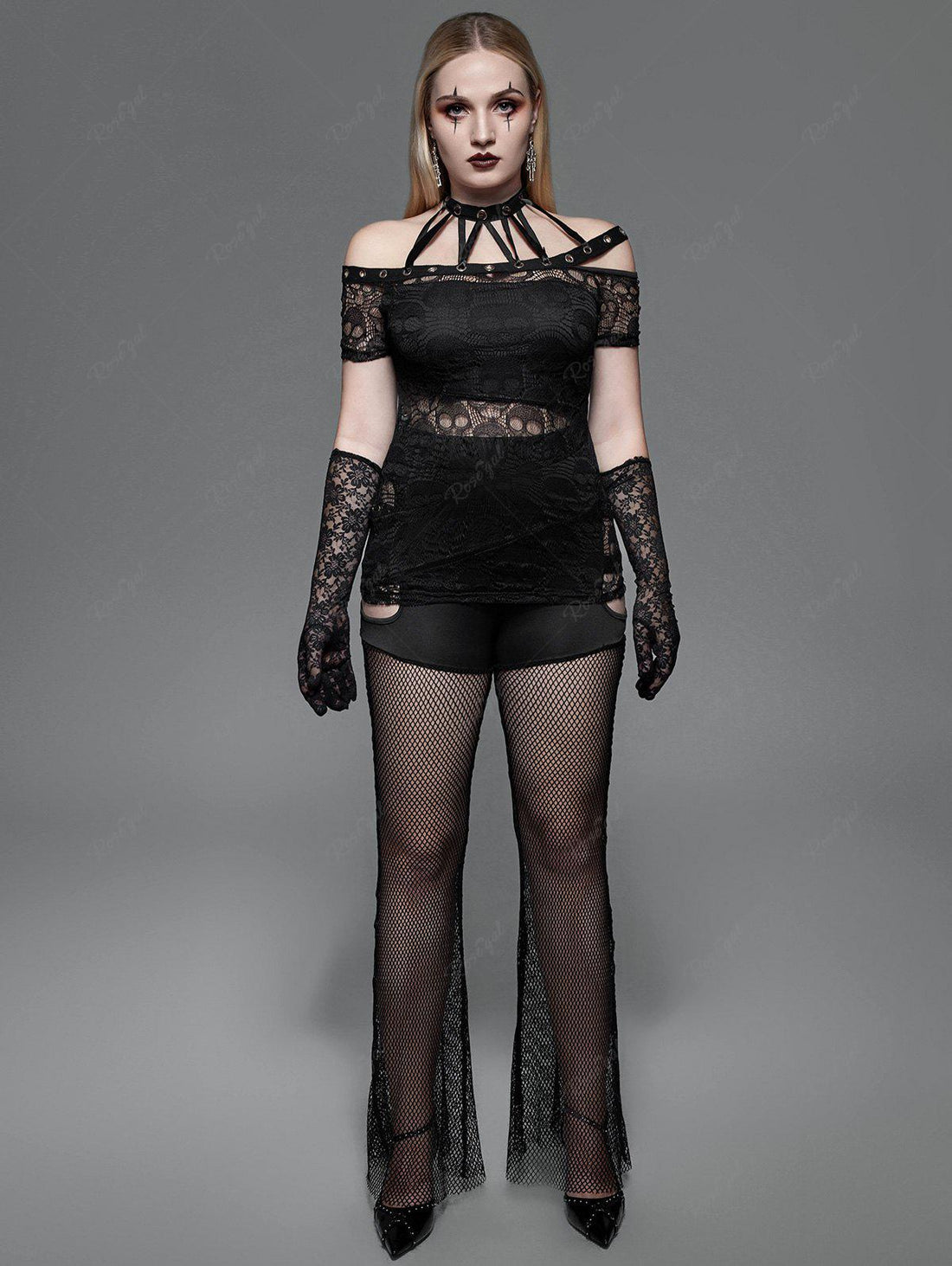 Gothic Mesh Patchwork Grommet Buckle Flare Pants – Rgothic