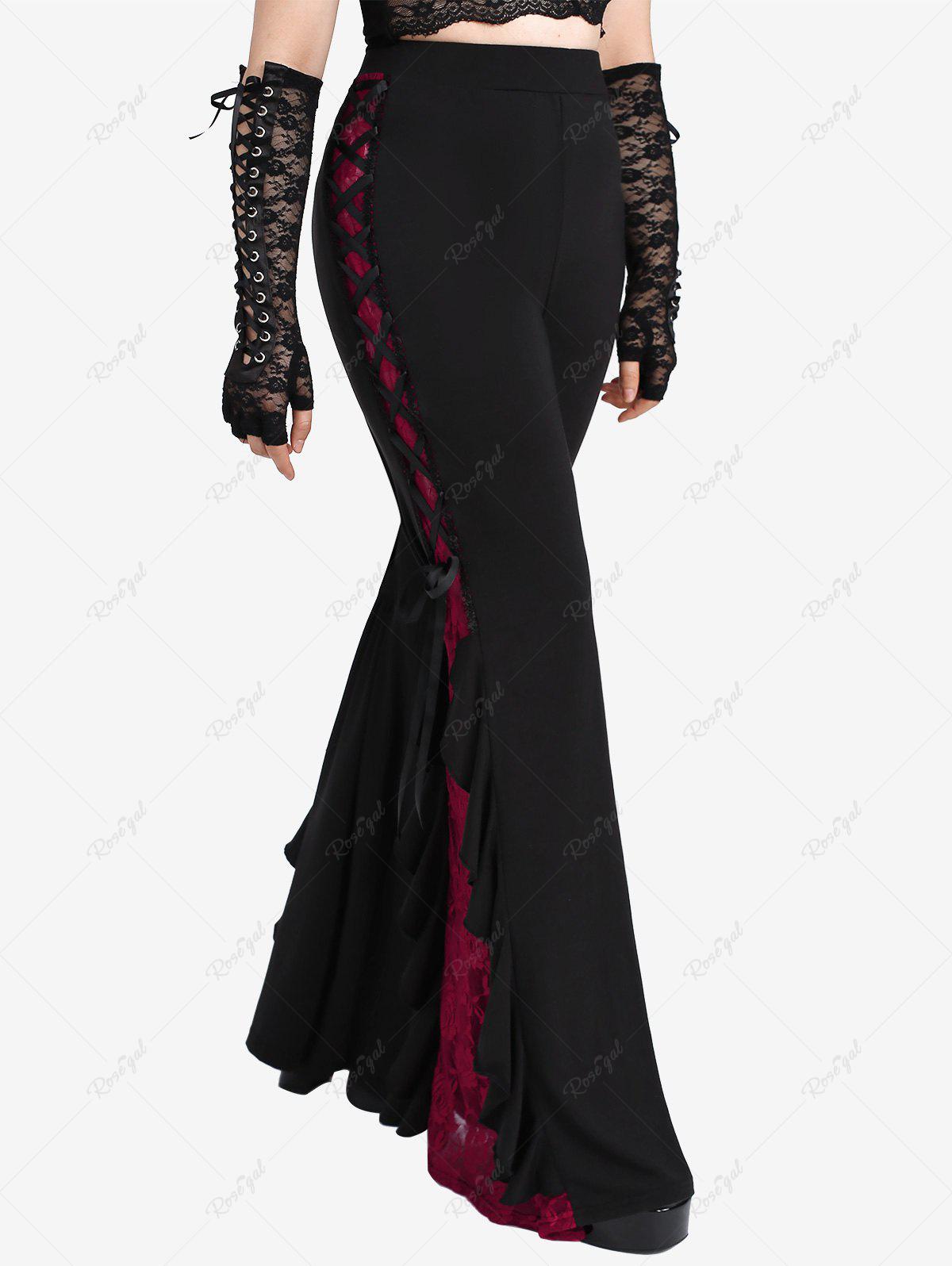 💗Lauren Loves💗Victorian Goth Rose Lace Panel Ruffle Lace-up Flare Pant ...