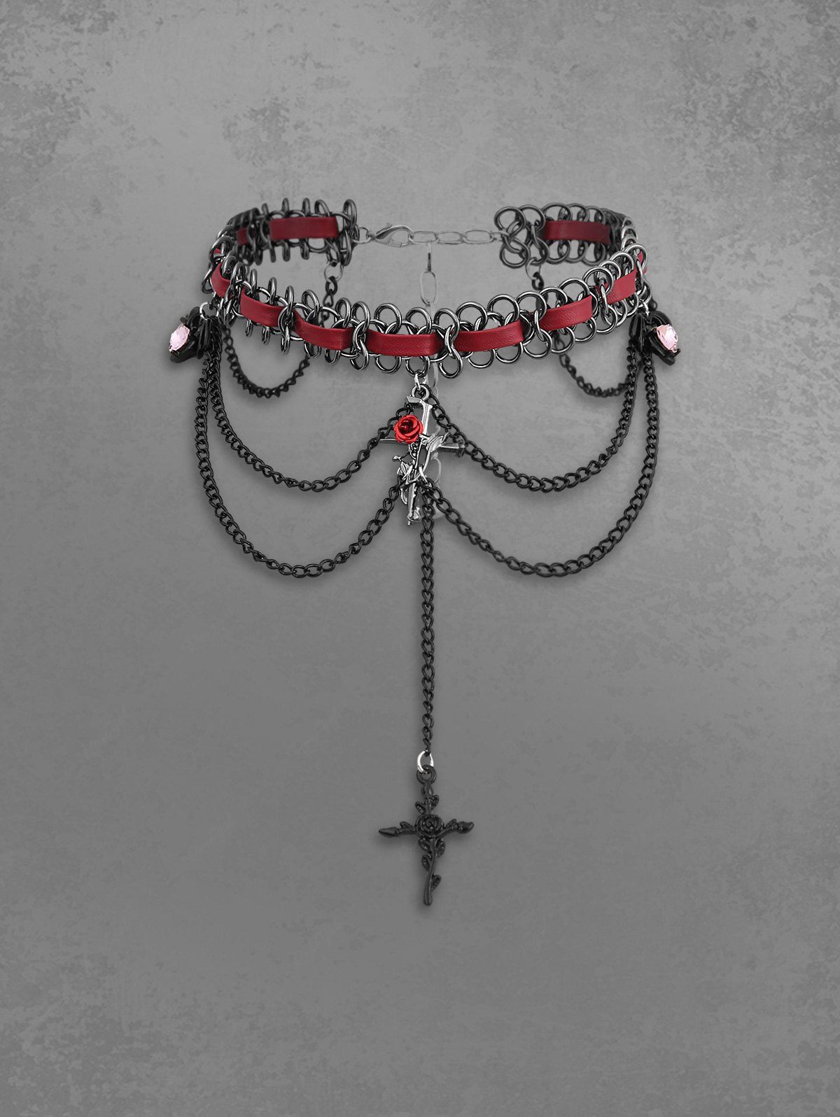 Gothic Punk Cross Flower Chain Layered PU Strap Chunky Choker Necklace ...