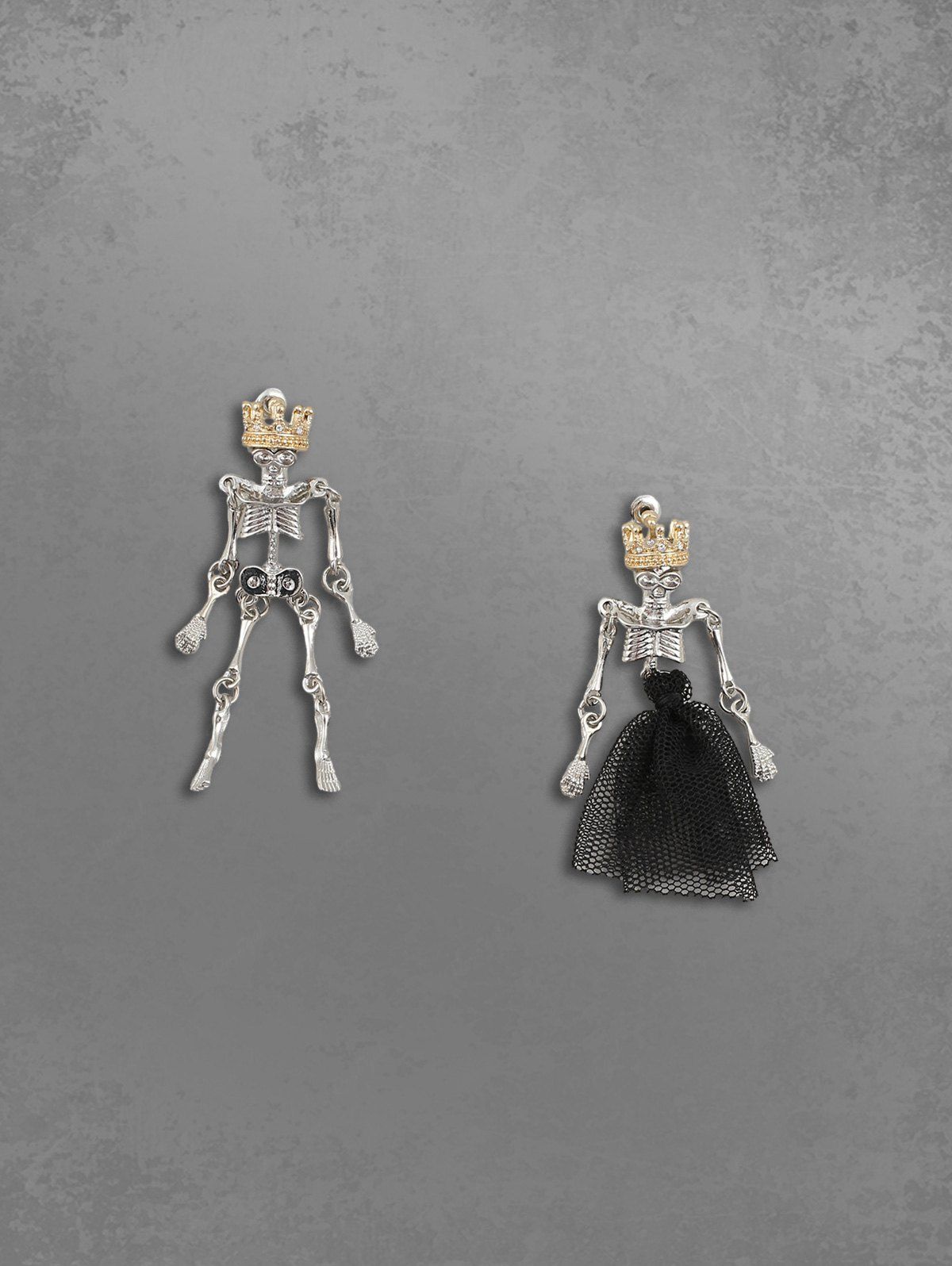 Gothic Skeleton Mesh Dress Asymmetric Crown Stud Earrings – Rgothic