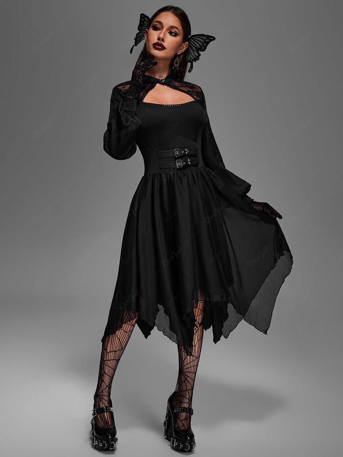 Gothic Floral Lace Panel Cutout Buckle Layered Chiffon Handkerchief Dr ...