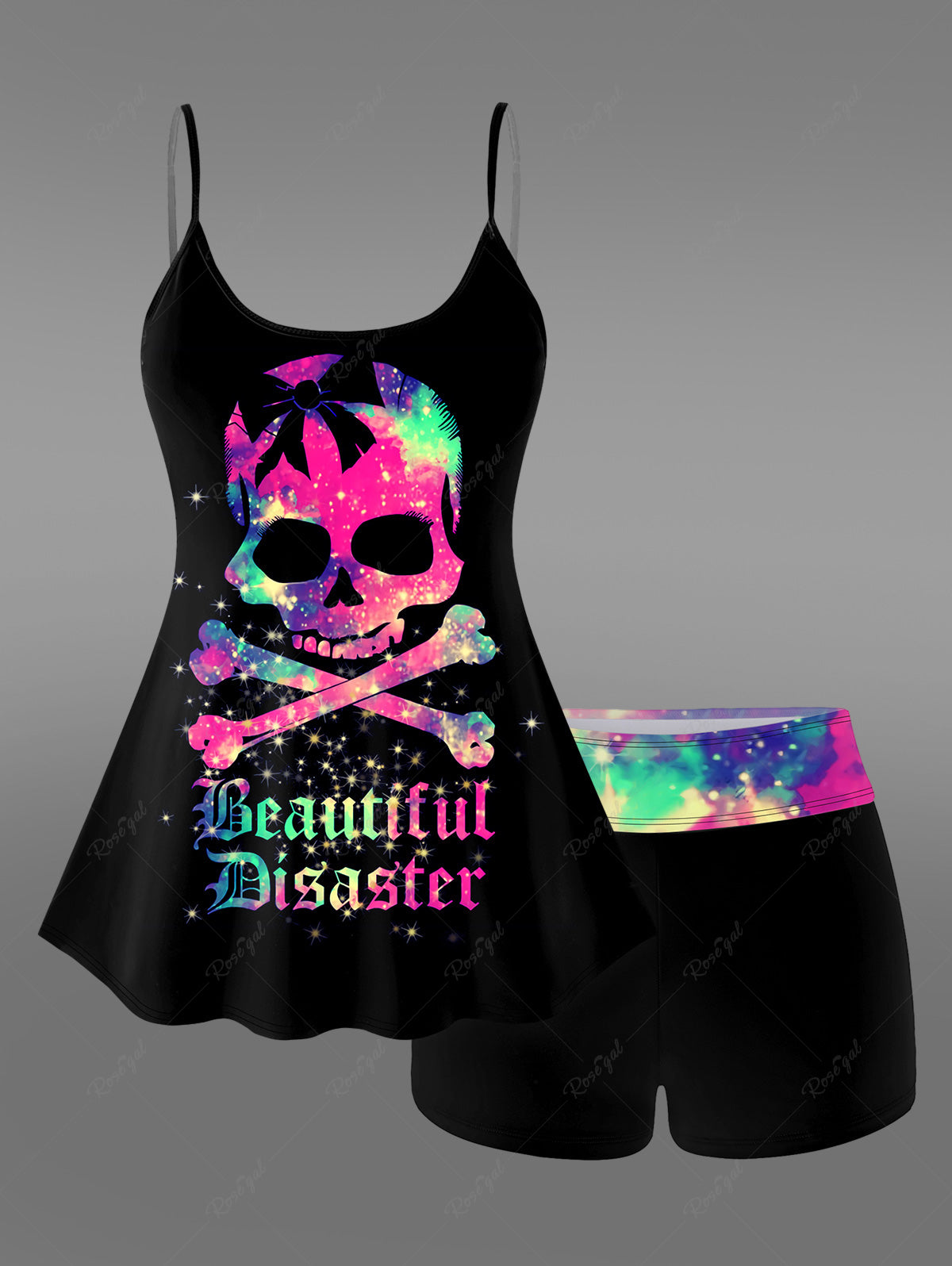 Gothic Skull Glitter Print Boyshorts Tankini Swimsuit (Adjustable Shou ...