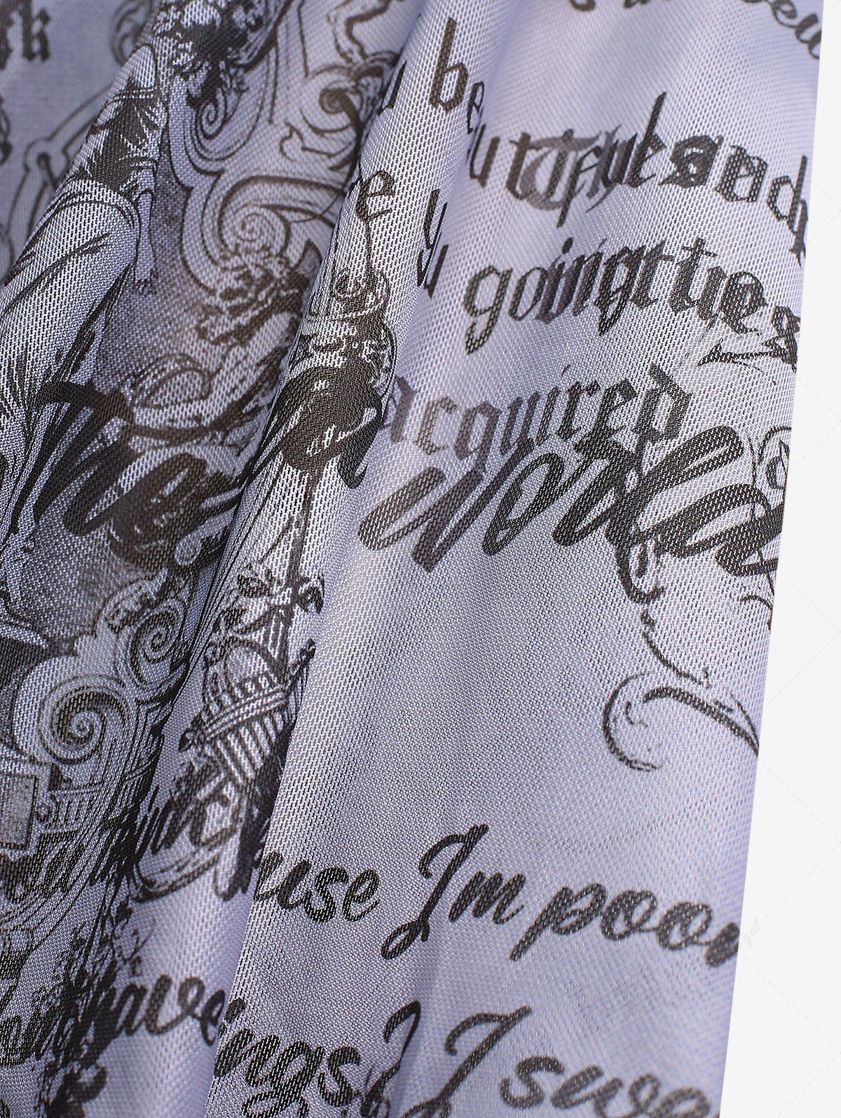 Gothic Newspaper Letters Print Mesh Cold Shoulder Flare Sleeves Croppe ...