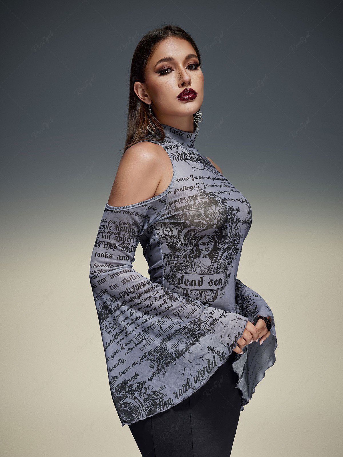 Gothic Newspaper Letters Print Mesh Cold Shoulder Flare Sleeves Croppe ...
