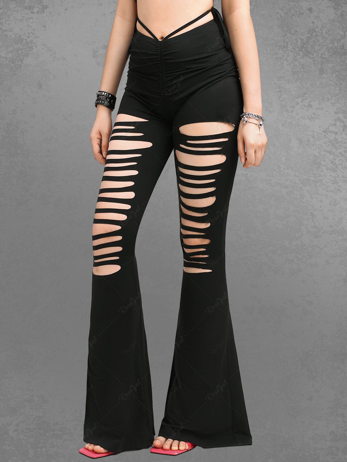Gothic Ripped Cinched Tied Solid Flare Pants – Rgothic