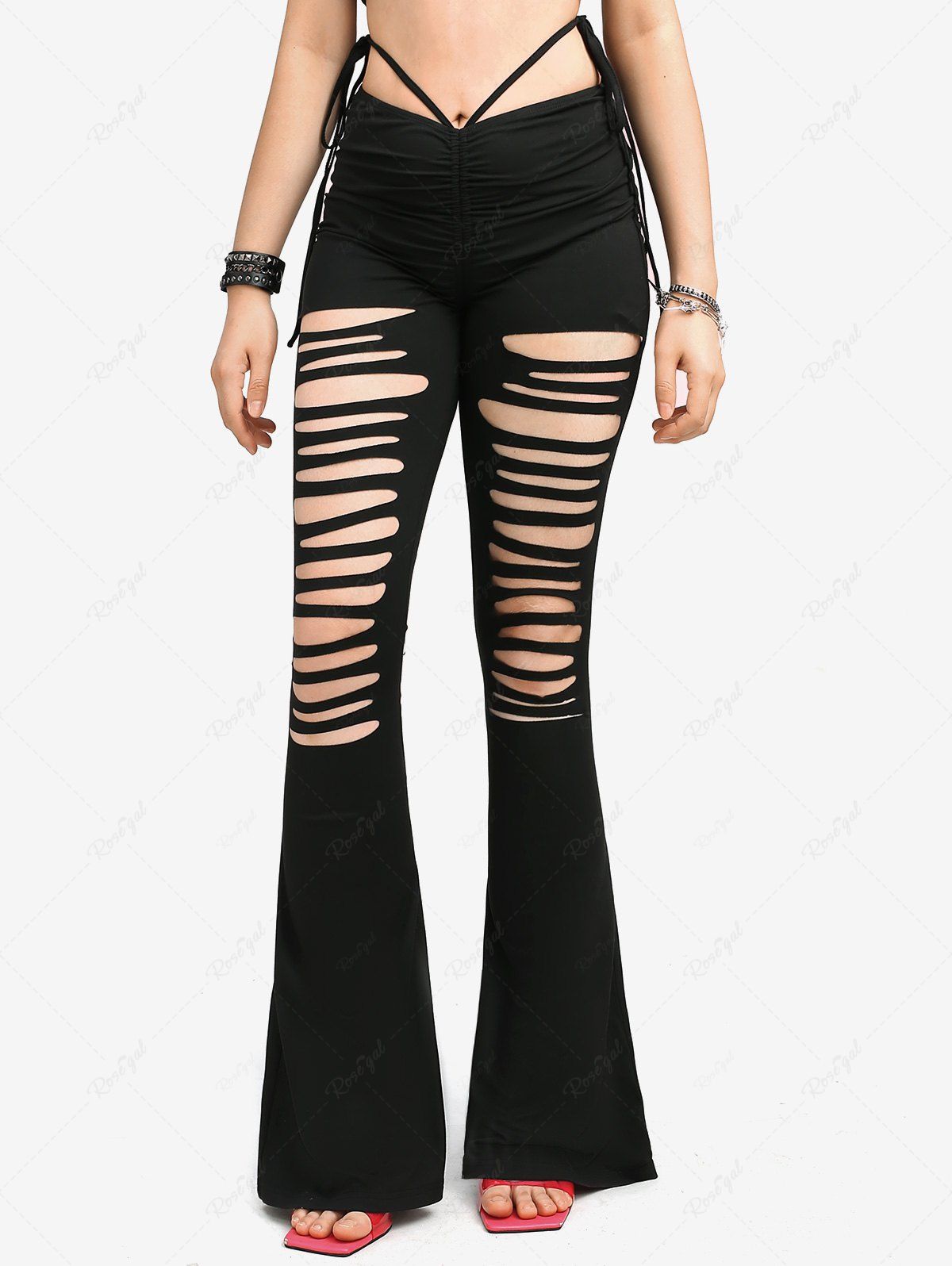 Gothic Ripped Cinched Tied Solid Flare Pants – Rgothic