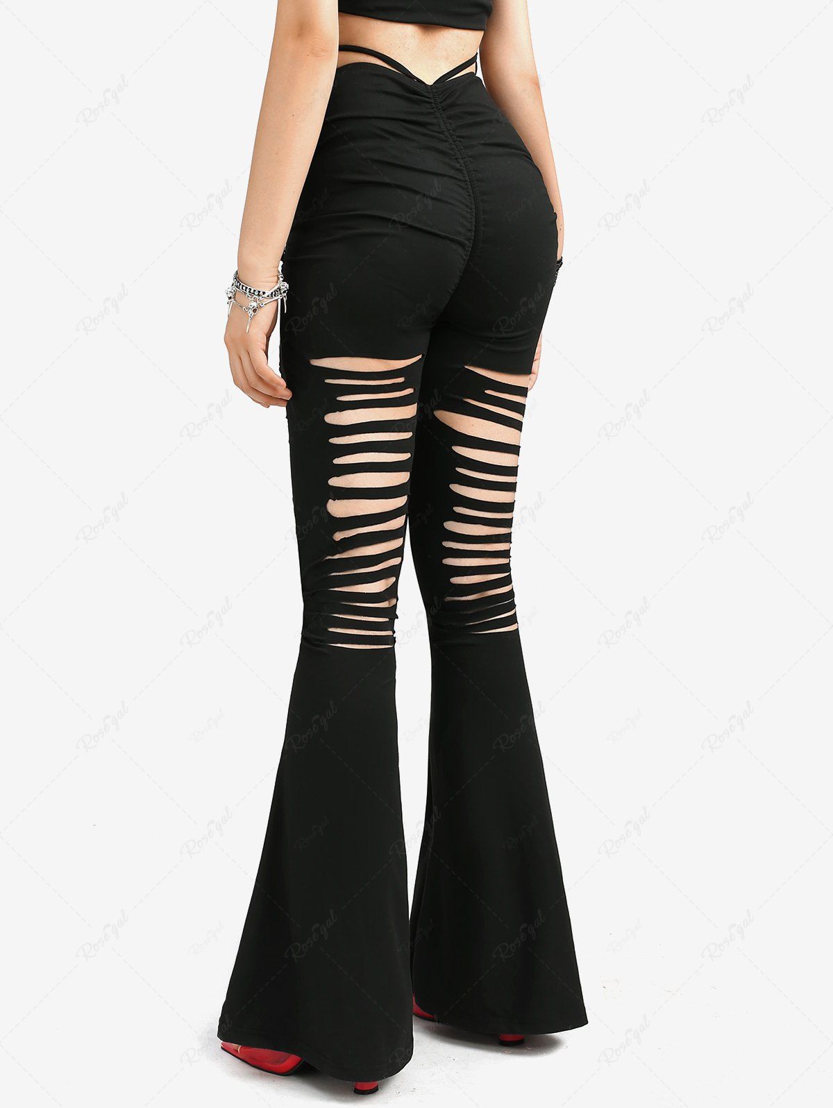 Gothic Ripped Cinched Tied Solid Flare Pants – Rgothic