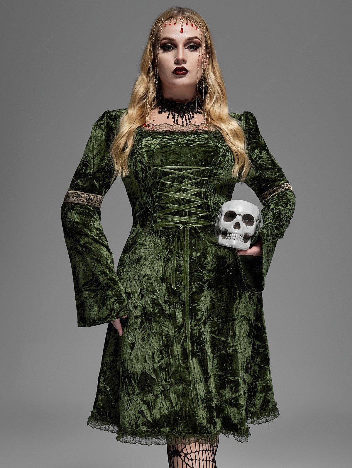 Gothic Lace Trim Lace-up Bell Sleeves Velvet Dress – Rgothic