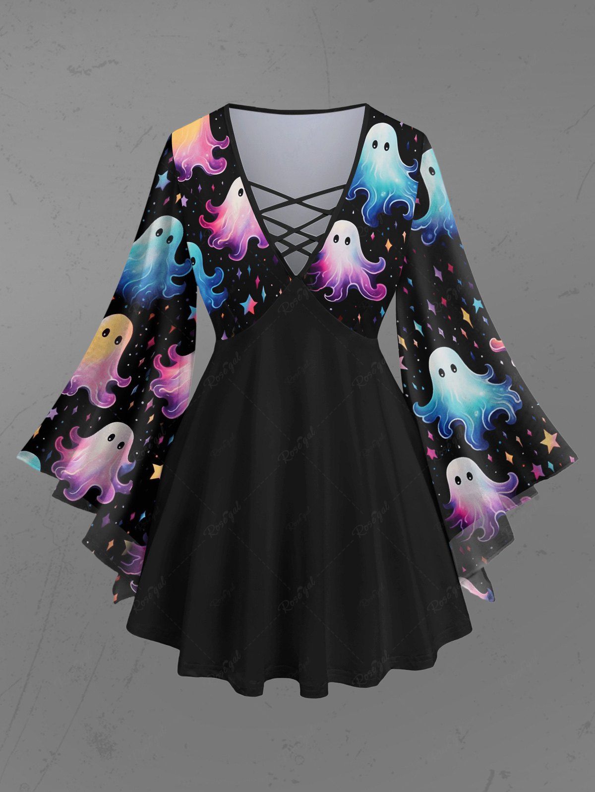 Gothic Colorful Ombre Ghost Stars Print Flare Sleeves Lattice Blouse ...