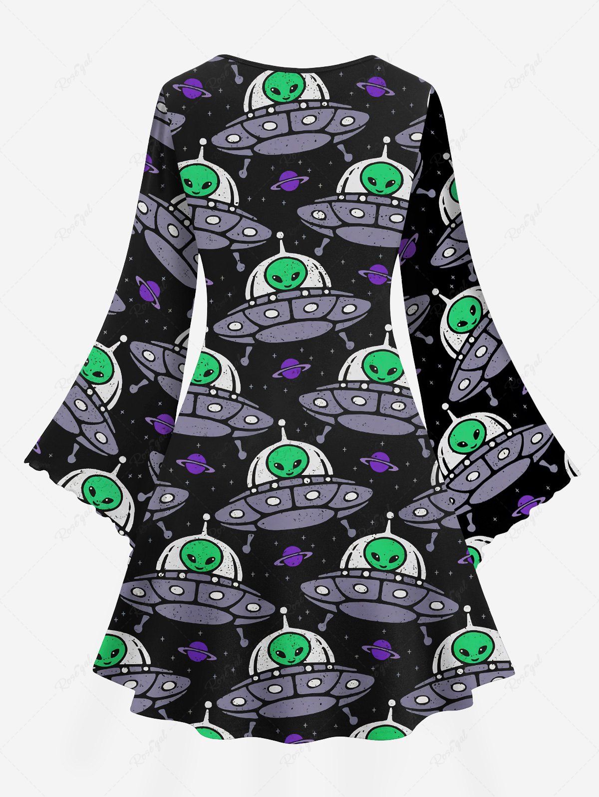 Gothic Flare Sleeves Alien Planet Galaxy Print A Line Dress – Rgothic