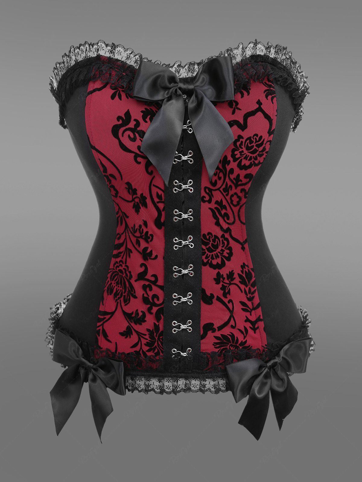 Gothic Floral Mesh Flocking Ruffles Lace Trim Bowknot Hook and Eye Lac ...