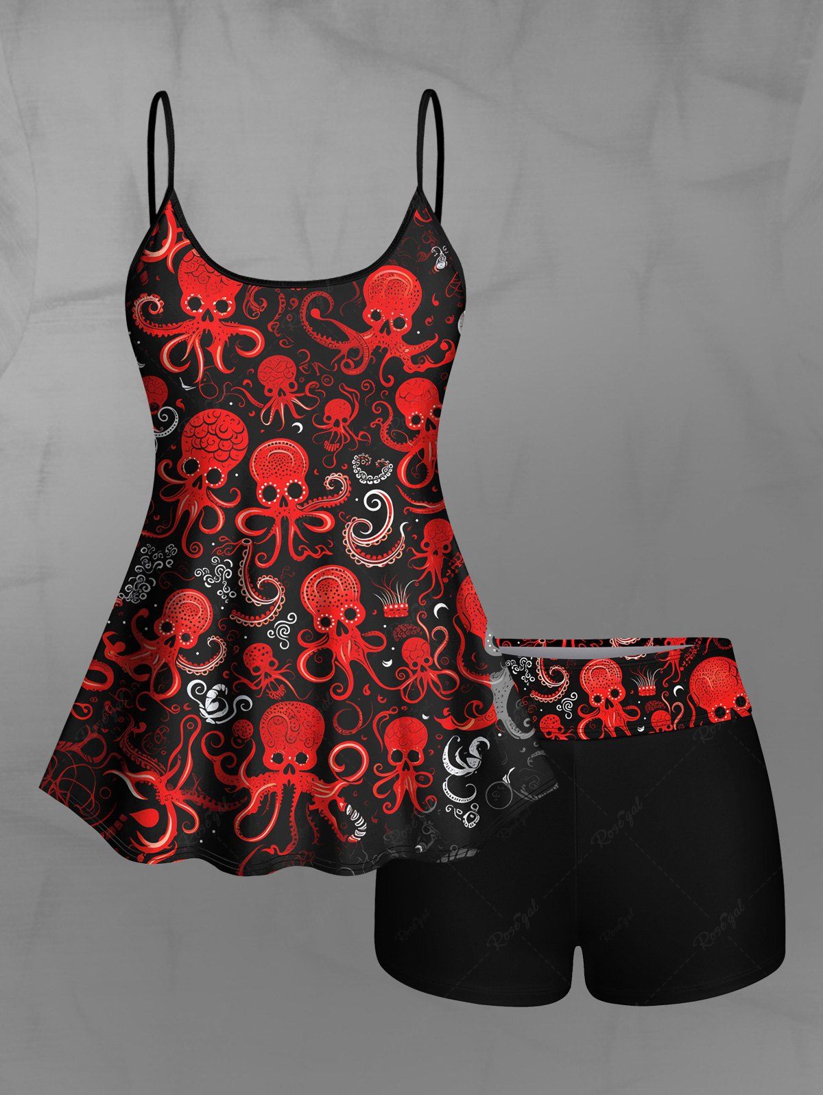 Gothic Ombre Octopus Heart Print Boyleg Padded Backless Tankini Swimsu ...