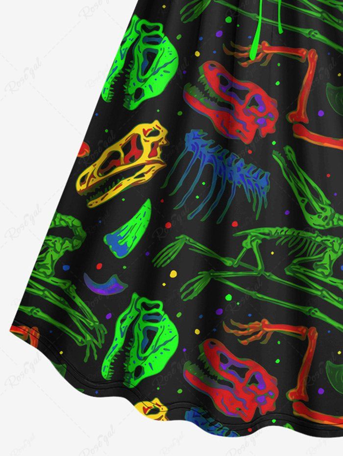 Gothic Glitter Dinosaur Skeleton Print Cinched A Line Dress – Rgothic