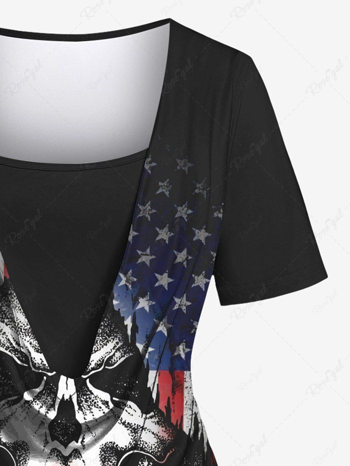 Gothic Cowl Neck Distressed Skull Patriotic American Flag Print Ruched ...