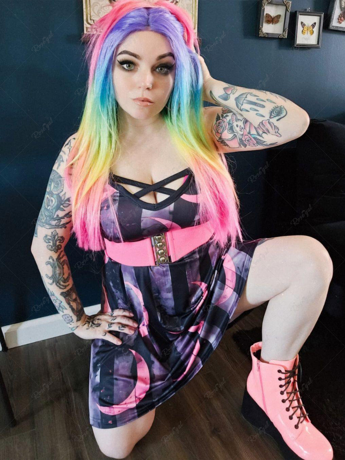 Gothic Stripes Moon Distressed Print Crisscross Cami Dress – Rgothic