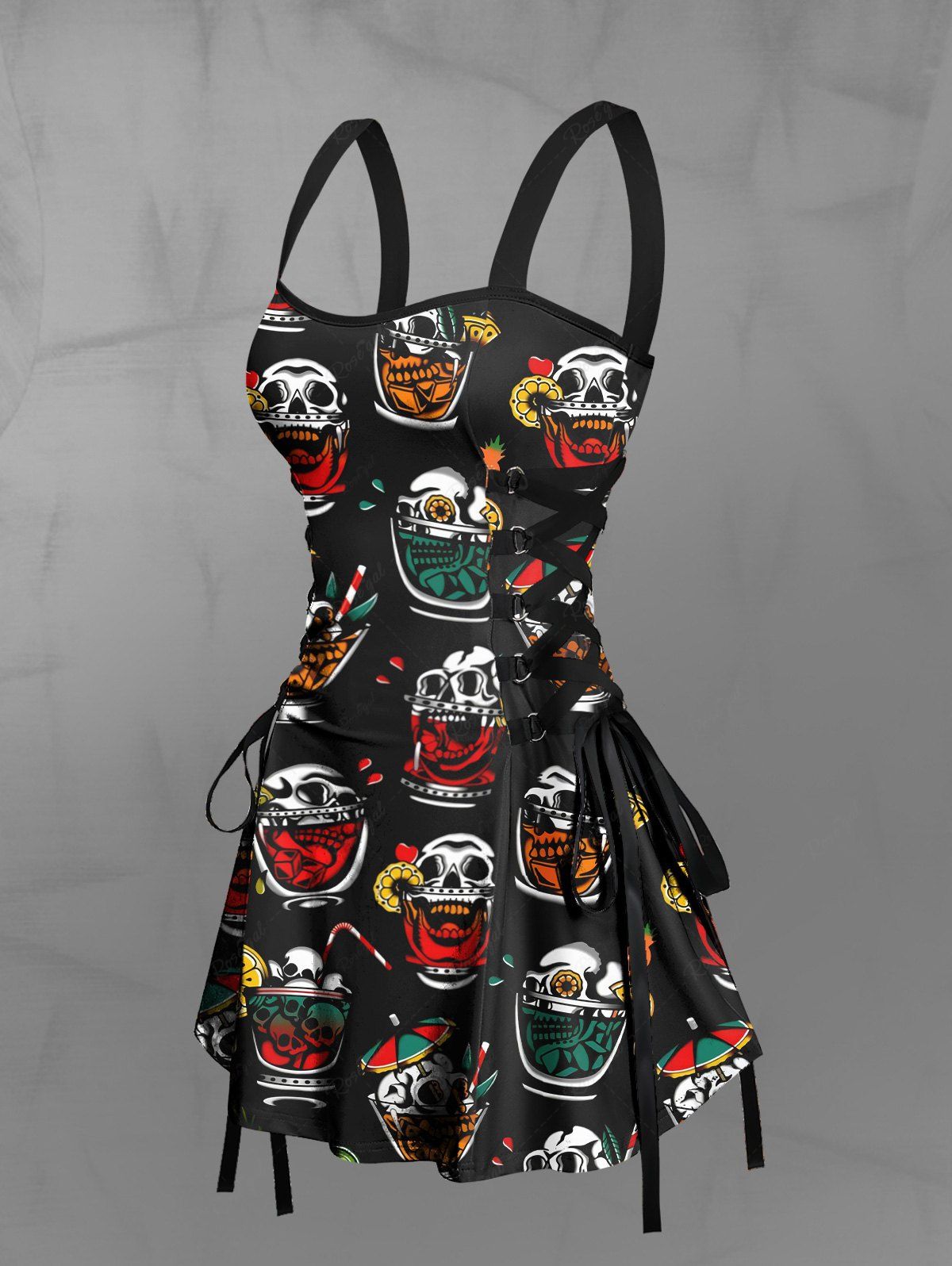 Gothic Skull Lemon Juice Print Hawaii Lace Up Backless A Line Tank Dre ...