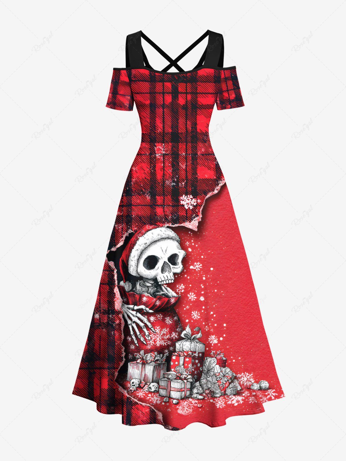 Gothic Plus Size Christmas Hat Skull Snowflake Gift Plaid Ripped Print – Rgothic