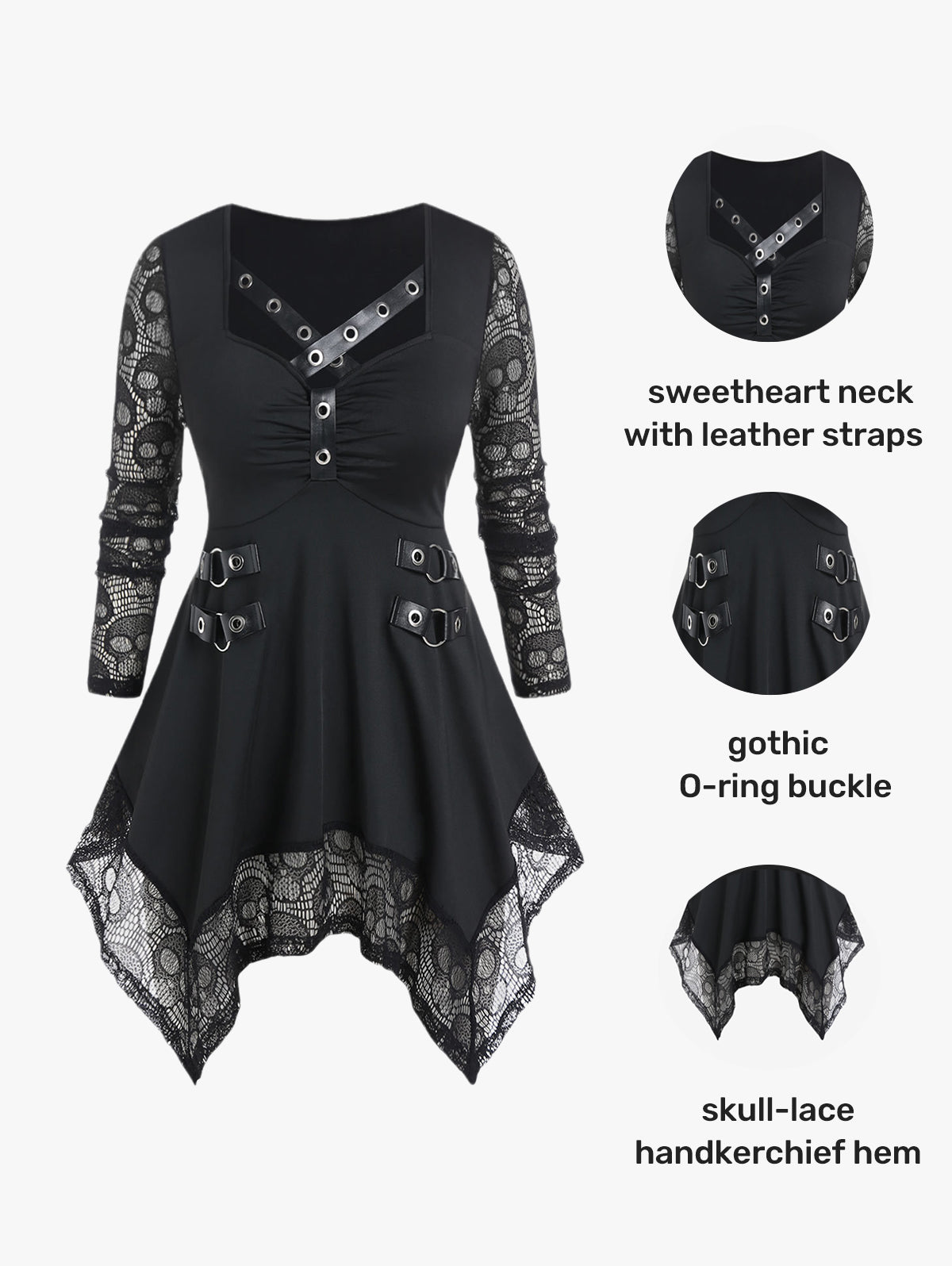 Gothic Skull Lace Panel Handkerchief Tee-Halloween – Rgothic